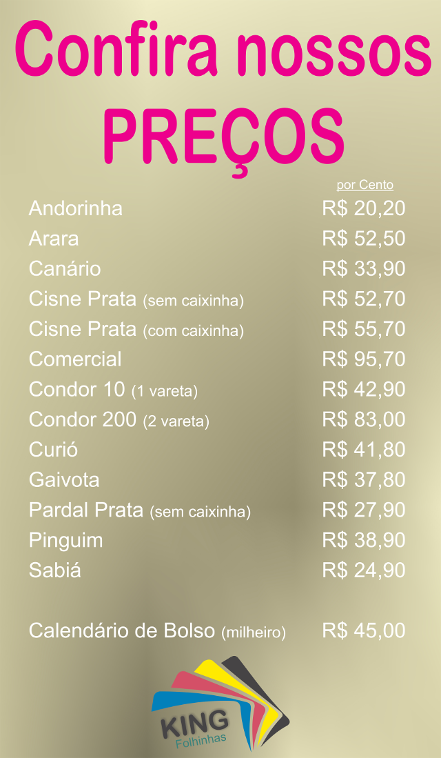 Tabela de Preços – King Folhinhas | CleberG83